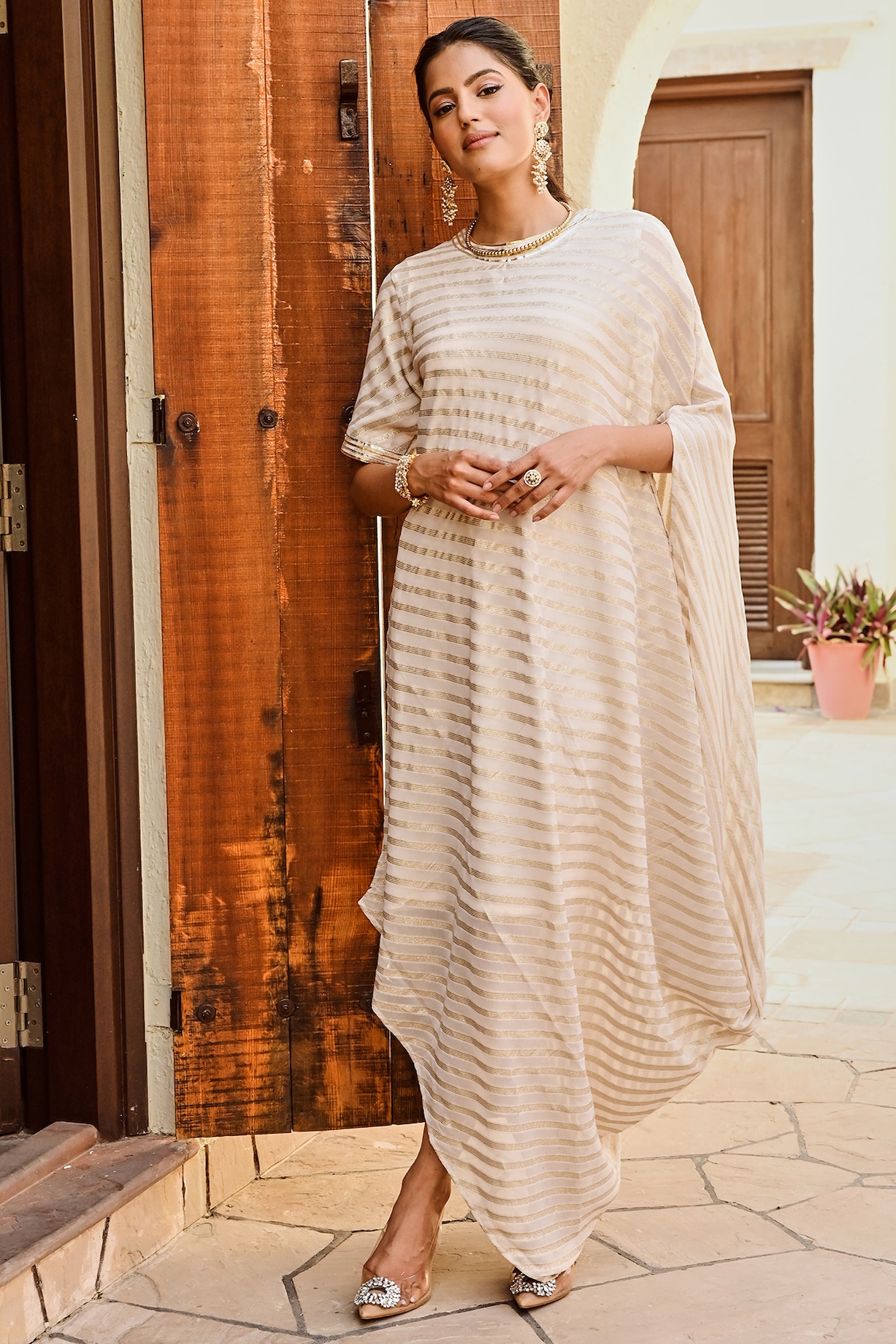 Cream Georgette Cowl Dress by Palak & Mehak at Pernia's Pop Up Shop 2025