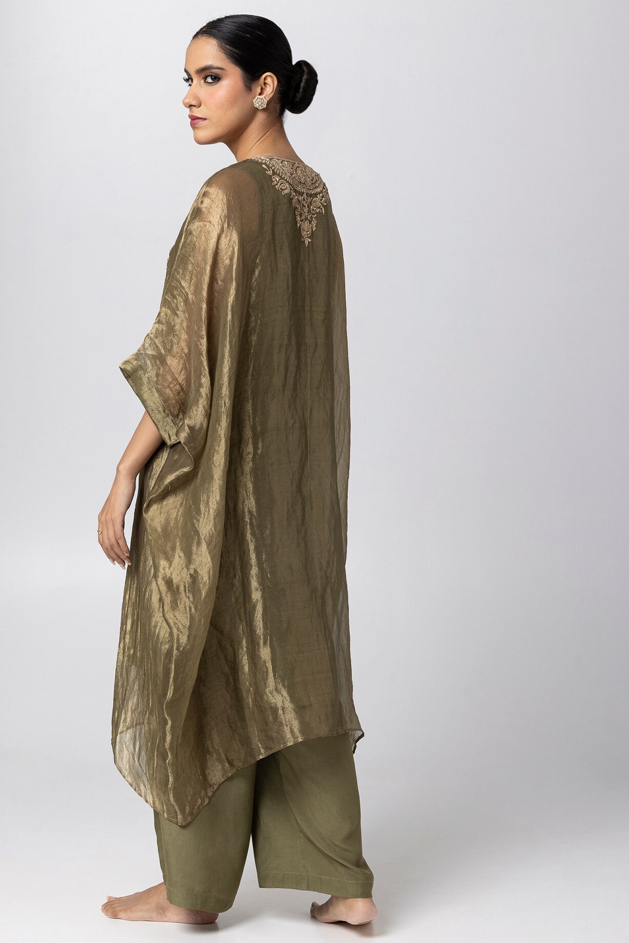Olive Green Tissue Zari Hand & Machine Embroidered Kaftan Set by Pants ...
