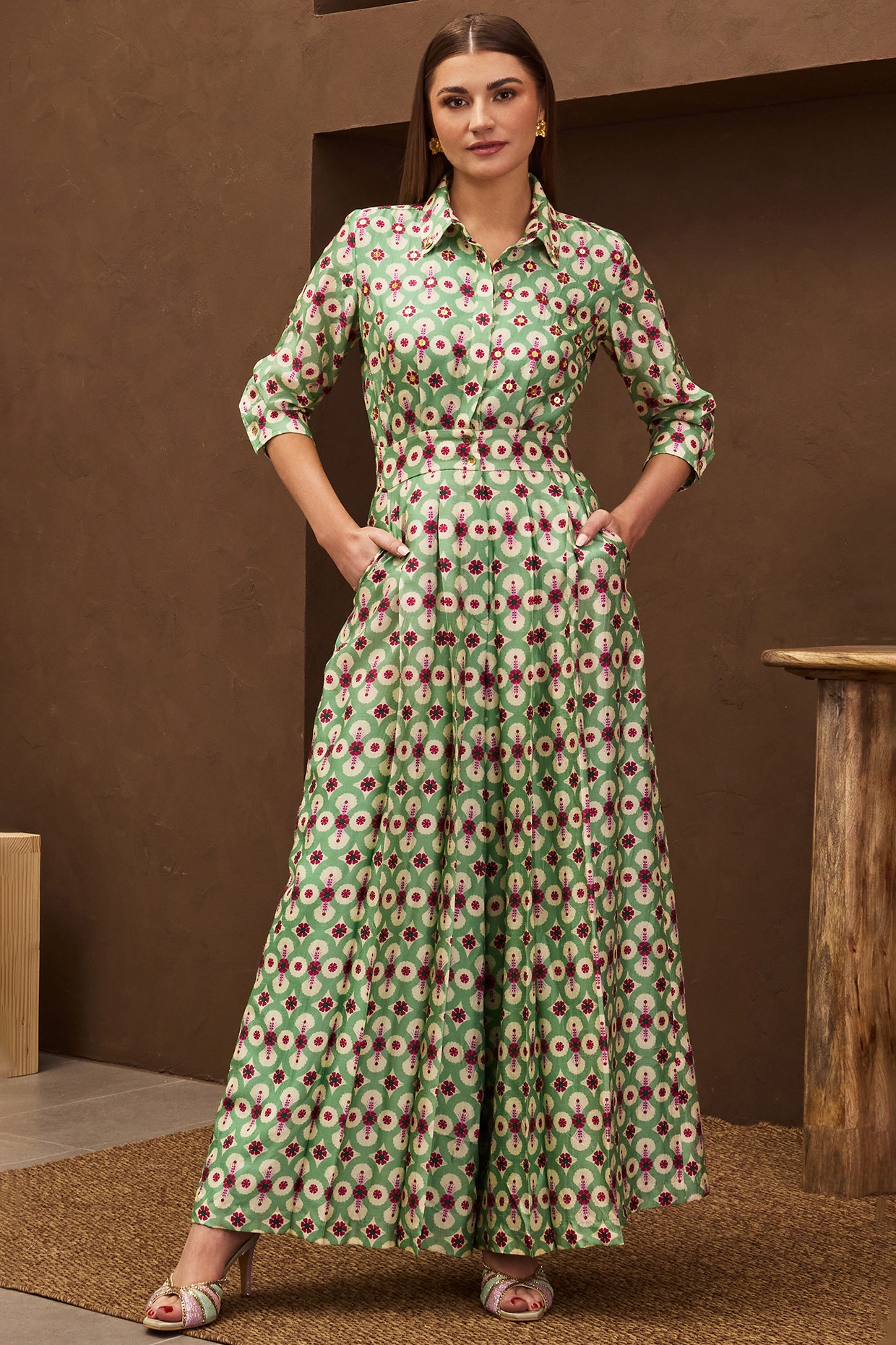 Green Raw Silk Printed & Embroidered Jumpsuit by PAPA DONT PREACH PRET ...