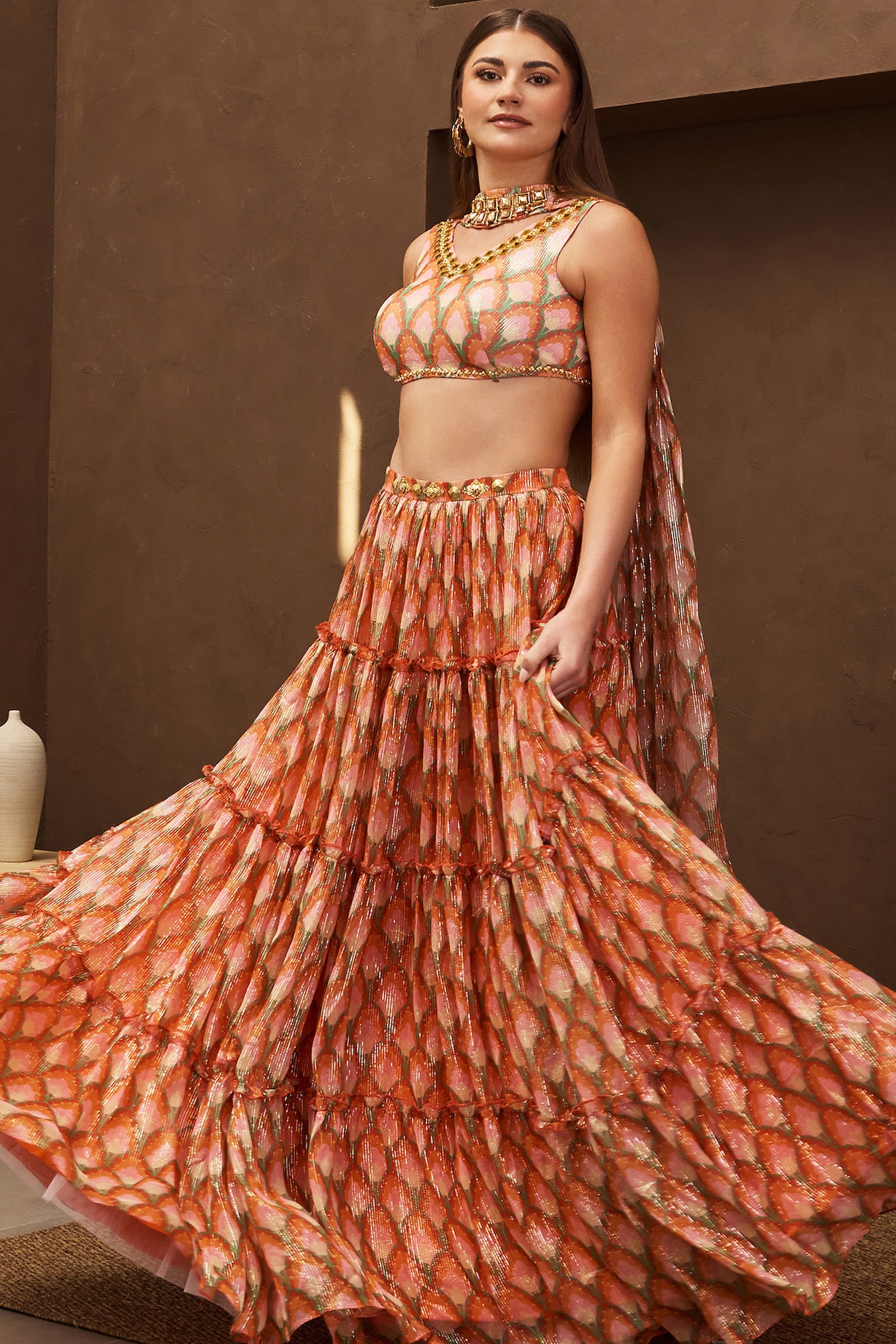 Orange Lurex Tulip Printed Layered Wedding Lehenga Set by PAPA DONT ...