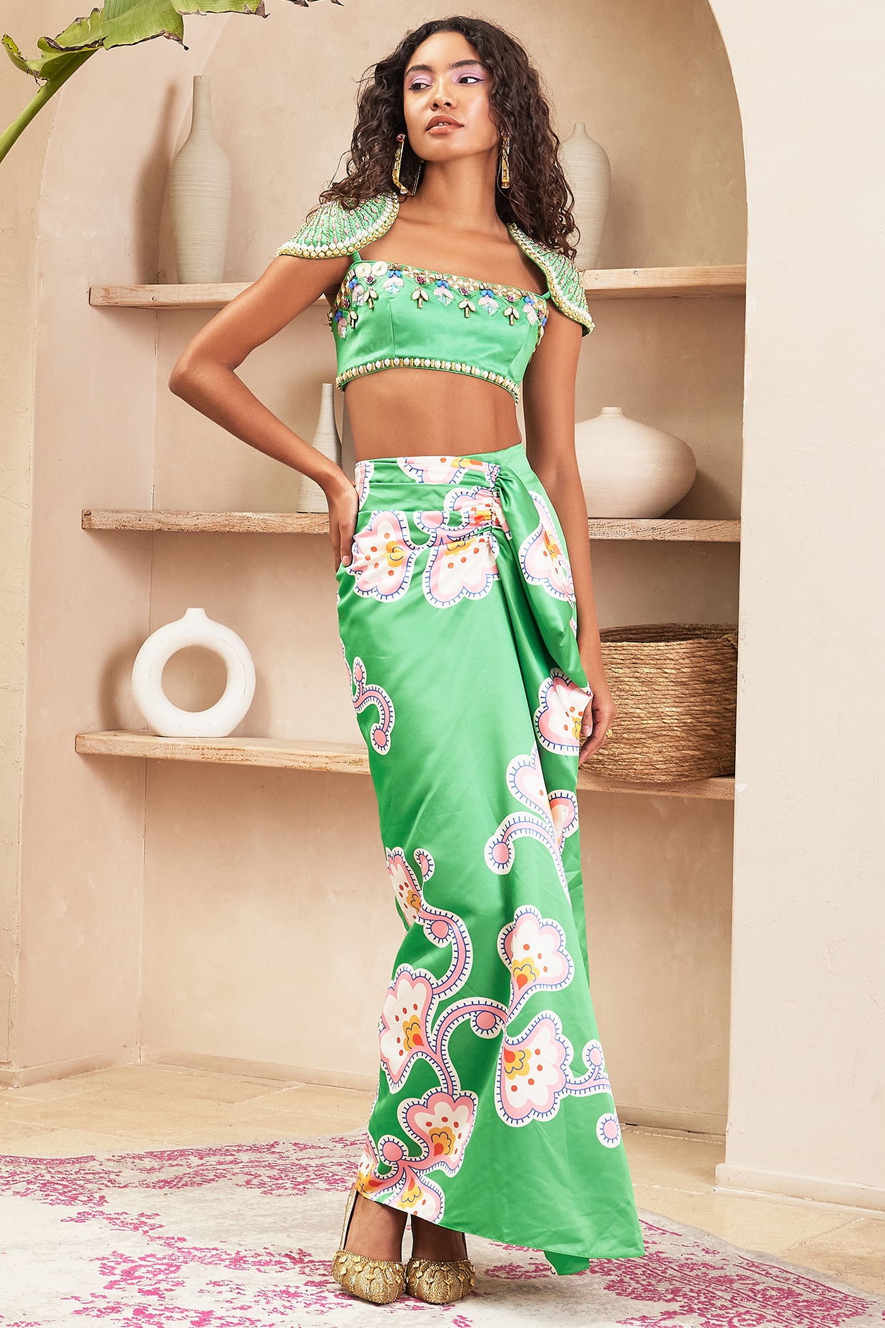 Green Taffeta Pleated Skirt Set by PAPA DONT PREACH PRET at Pernia's ...