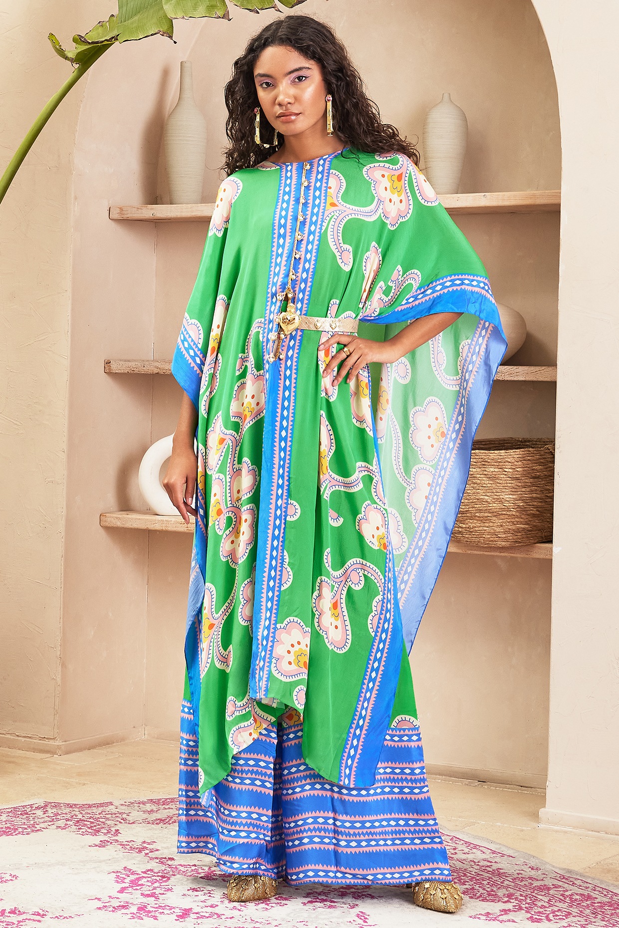 Green Crepe Placement Printed Kaftan Set by PAPA DONT PREACH PRET at ...