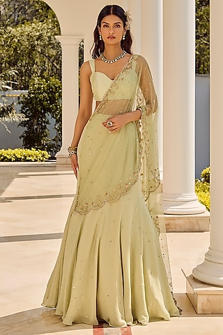 Pista Green Shimmer Georgette Hand Embroidered Draped Saree Set by ...
