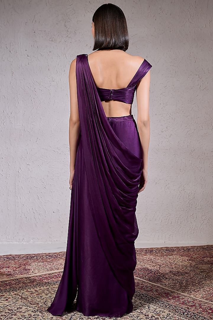 Purple Georgette Satin Hand Embellished Pre-Draped Saree Set by Parshya ...