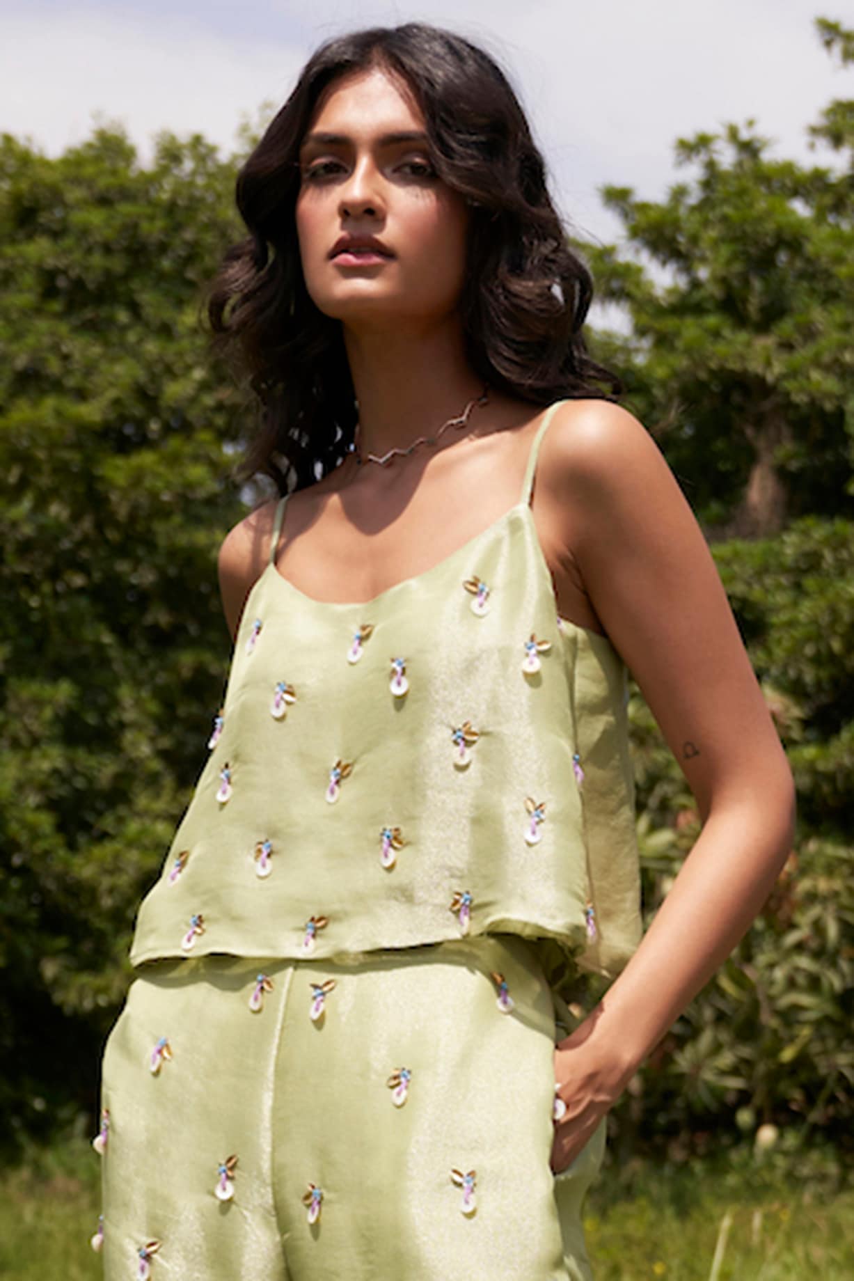 Lime Viscose Tissue Pant Set by Parshya at Pernia's Pop Up Shop 2025