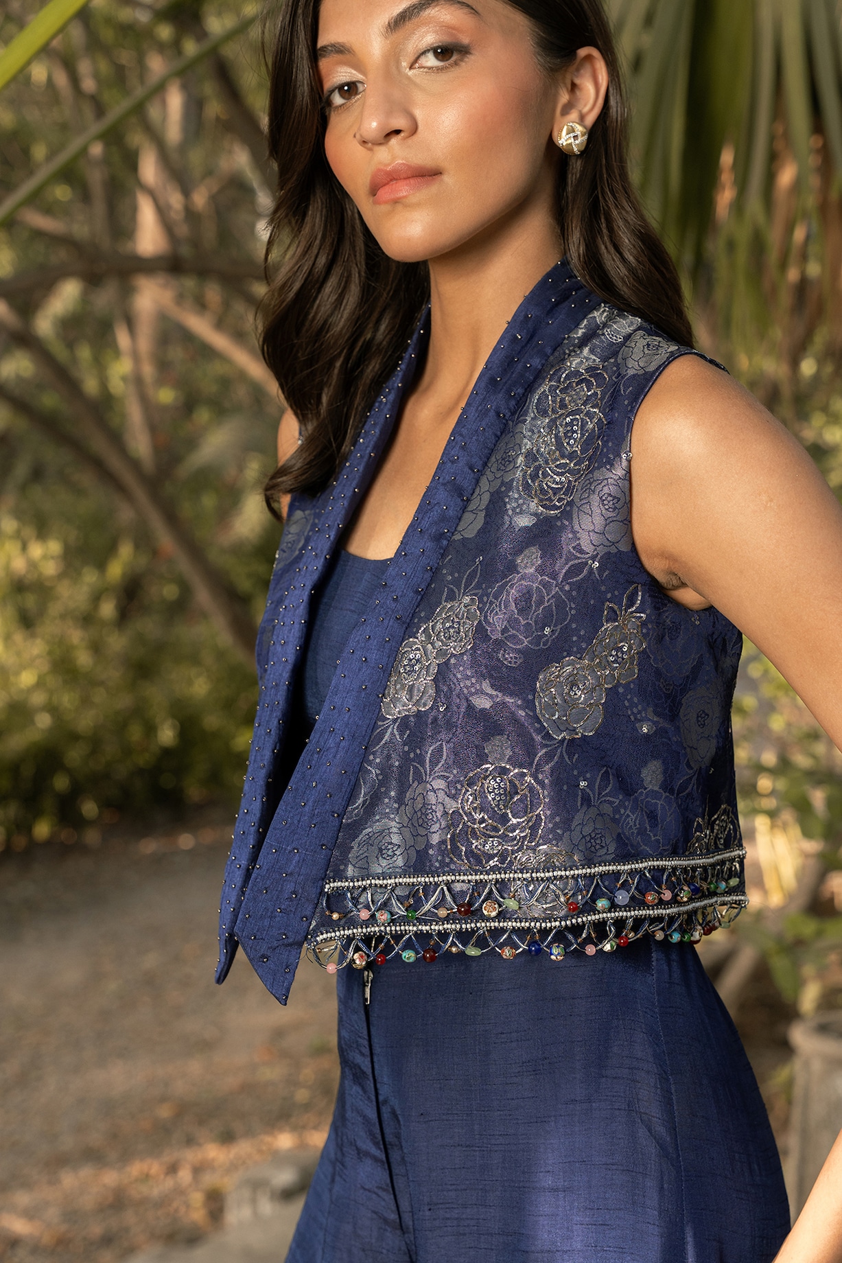 Midnight Blue Banarasi Silk Jacquard Embellished Co-Ord Set by Parshya at Pernia's Pop Up Shop 2025