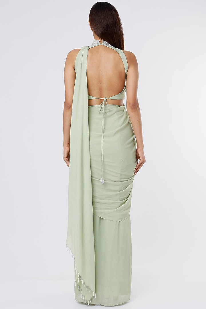 Green Viscose Crepe Hand Embellished Pre-Draped Saree Set by Parshya at ...