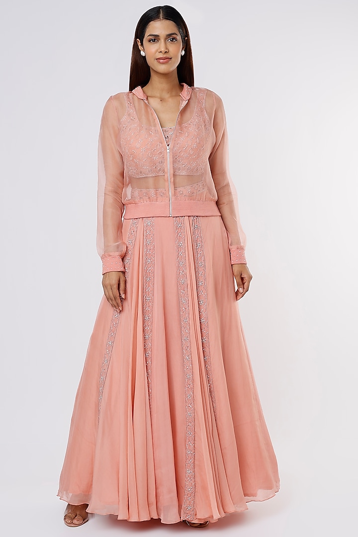 Blush Pink Silk Organza Embellished Jacket Wedding Lehenga Set by ...