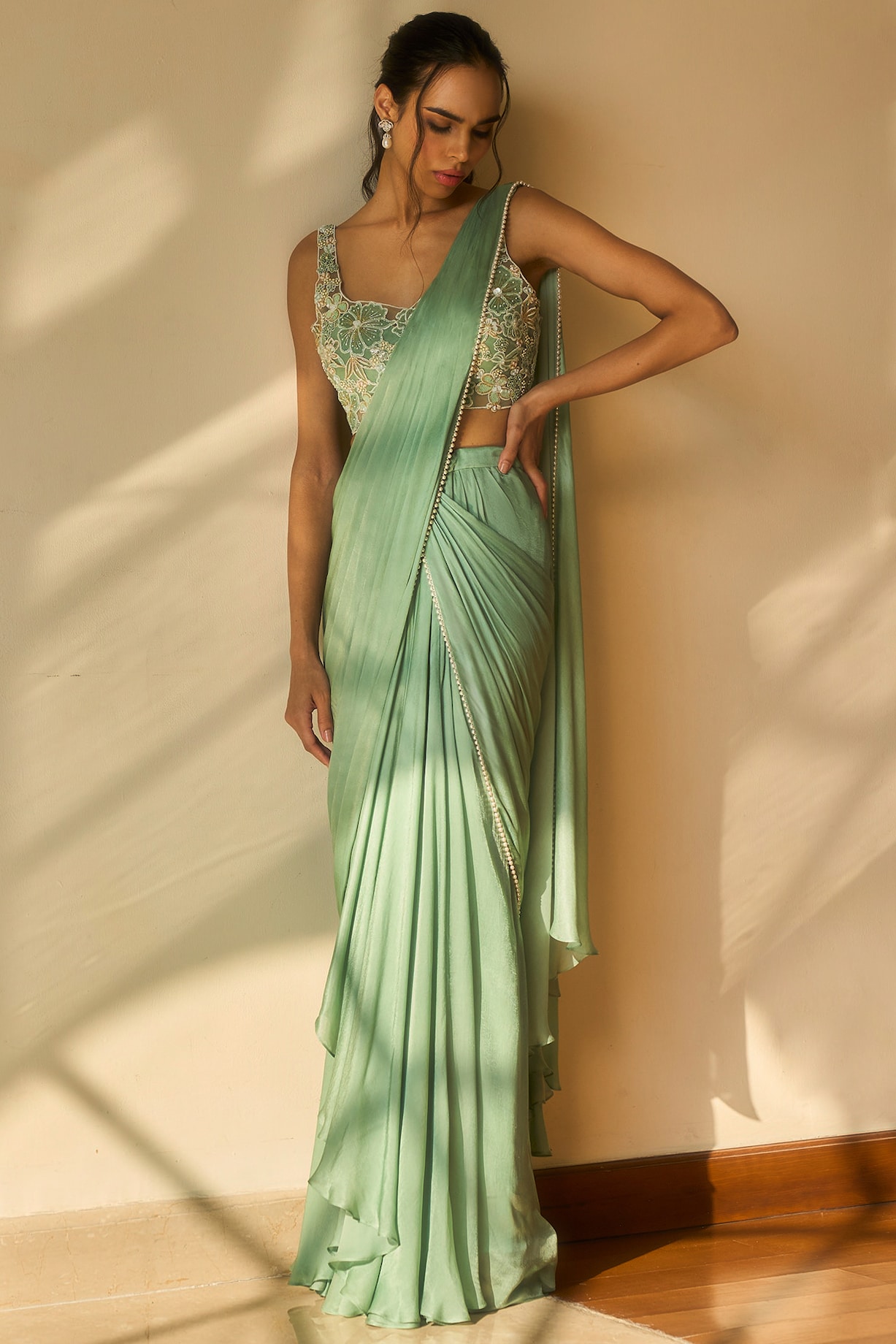 Sea Green Embellished Draped Saree Set by Parshya at Pernia's Pop Up ...
