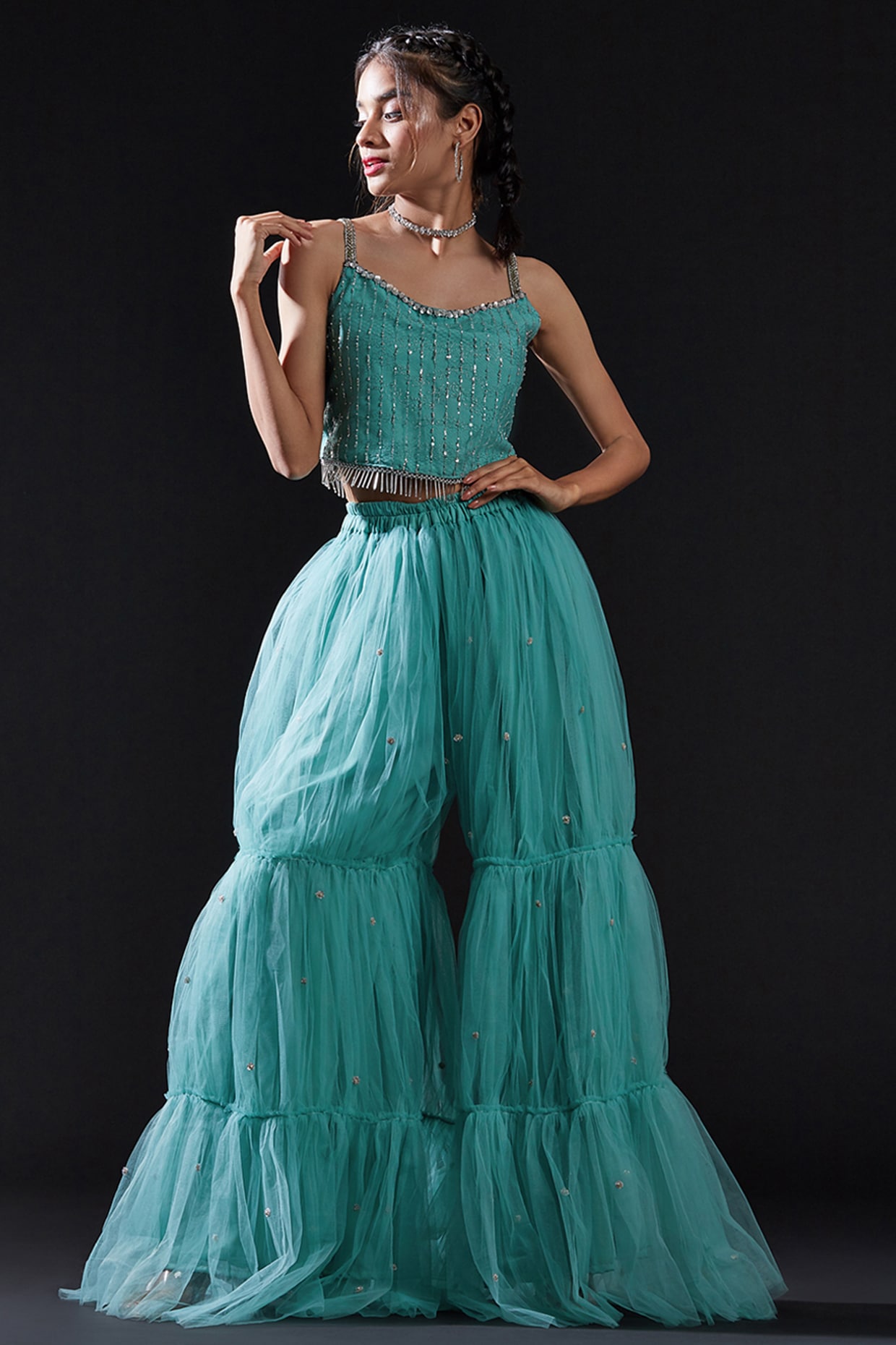 Blue Mesh & Tulle Embellished Crop Top by Phatakaa at Pernia's Pop Up ...