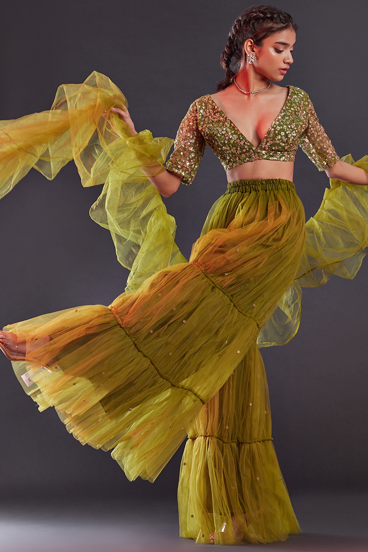 Olive Tulle Sharara Set by Phatakaa at Pernia's Pop Up Shop 2025