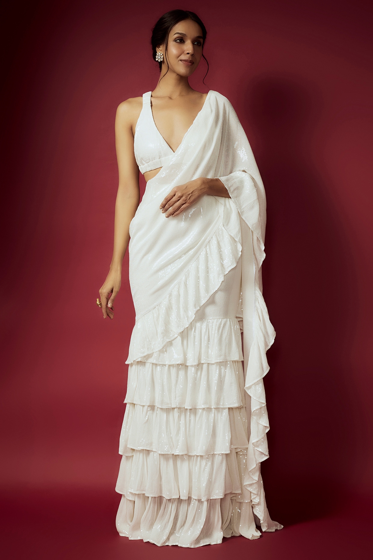 White Recycled Polyester Sequins Ruffled Pre-Draped Saree Set by ...