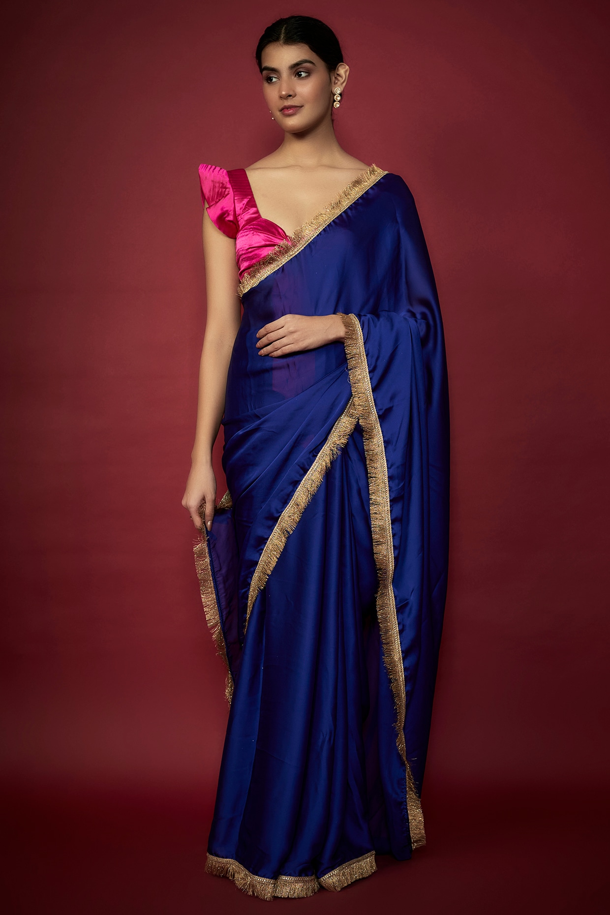 Electric Blue Recycled Polyester Fringed Saree Set by Phatakaa at ...