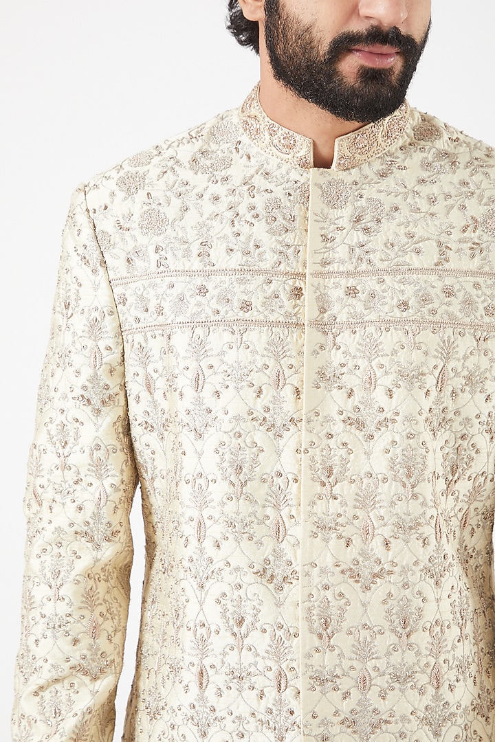 Ivory Embroidered Front-Open Groom Sherwani Set by PAWAN SACHDEVA at ...