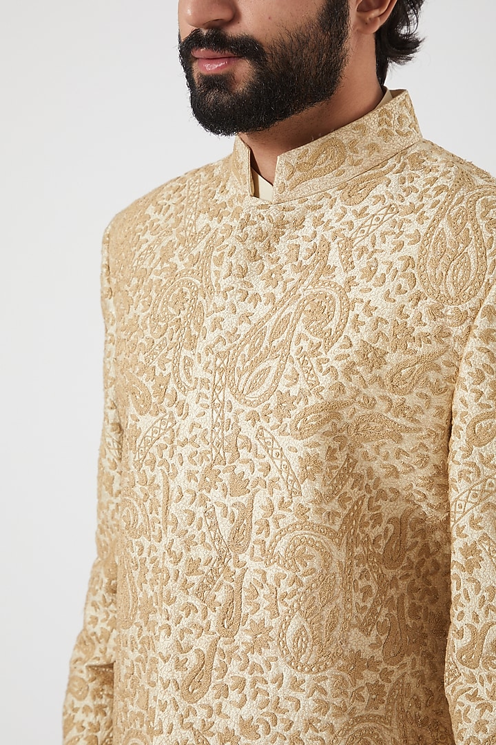 Gold Embroidered Front-Open Groom Sherwani Set by PAWAN SACHDEVA at ...