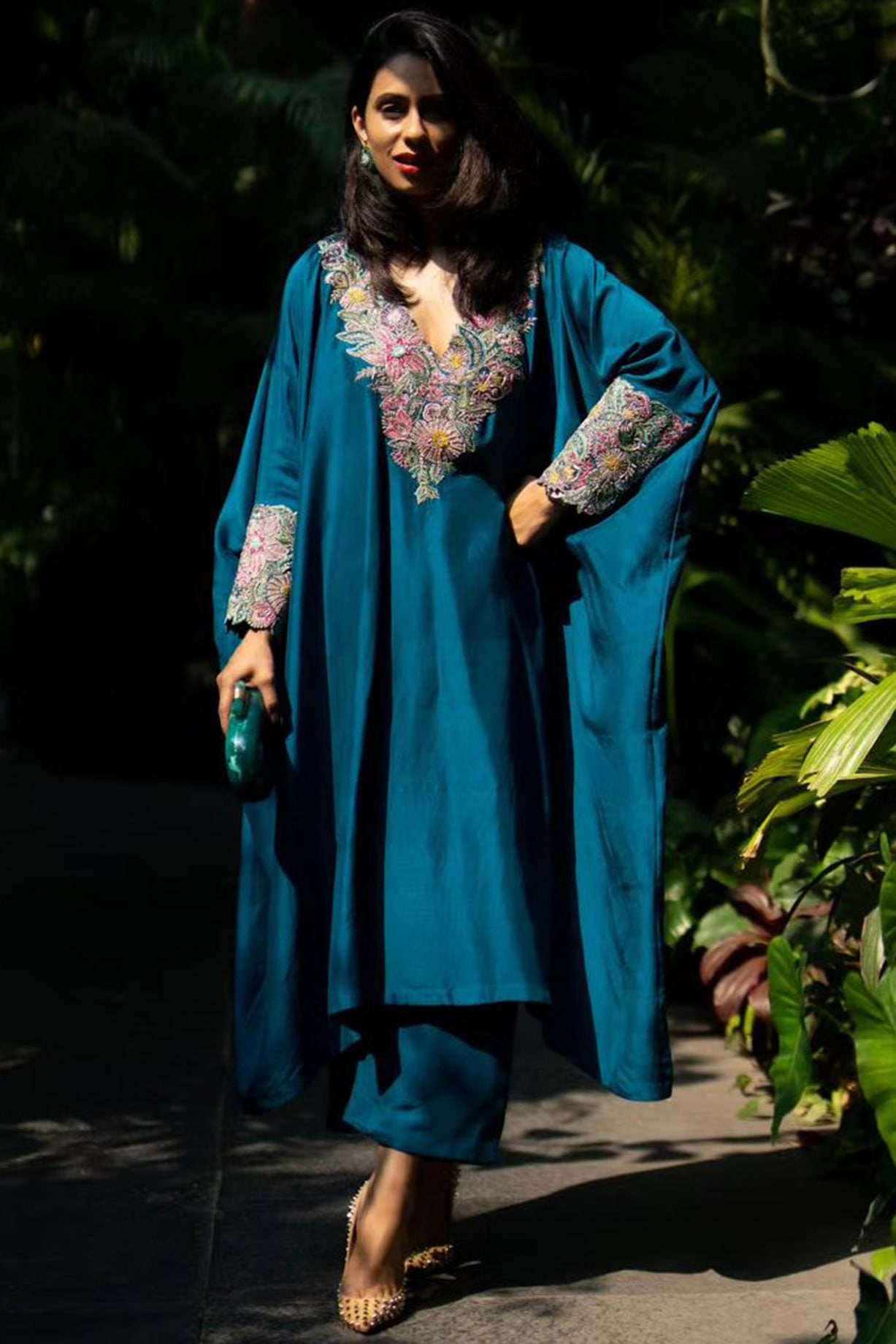 Blue Pure Silk Embroidered Kaftan Set Design by Mrunalini Rao at Pernia ...
