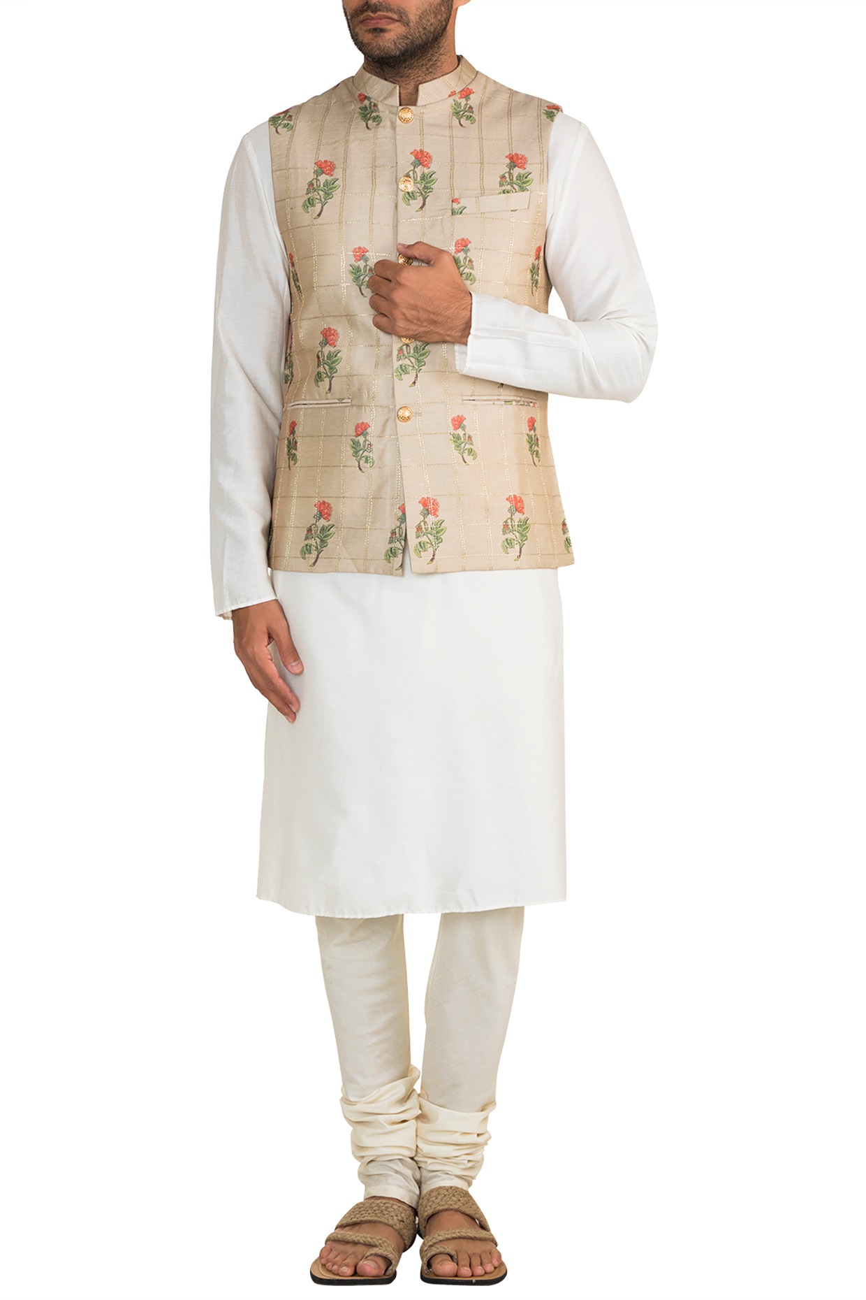 Gold & Beige Embroidered Bandi Jacket by Project Bandi at Pernia's Pop ...