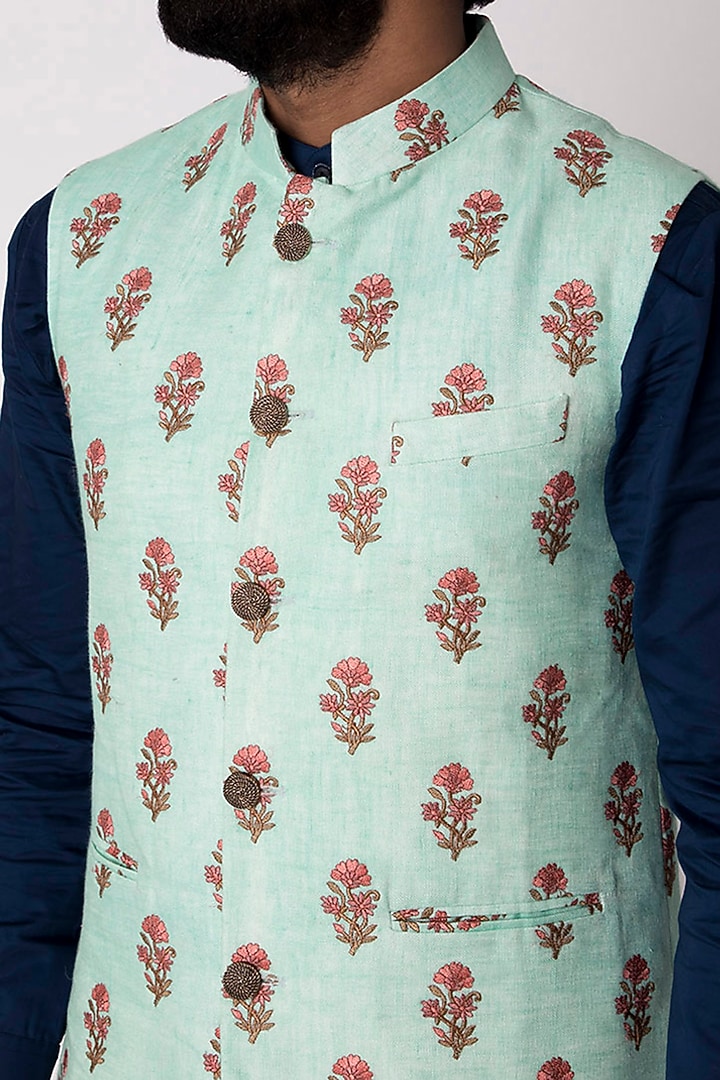 Mint Green Embroidered & Printed Nehru Jacket by Project Bandi at ...