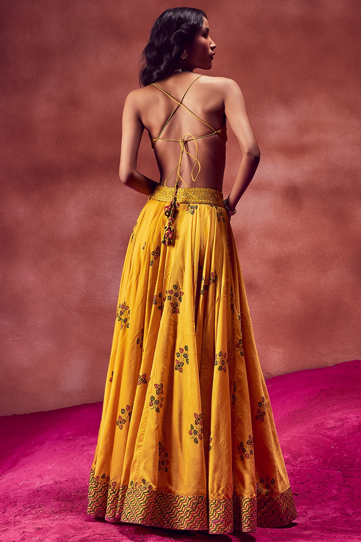 Yellow Chanderi Silk Hand Block Printed & Embroidered Wedding Lehenga ...