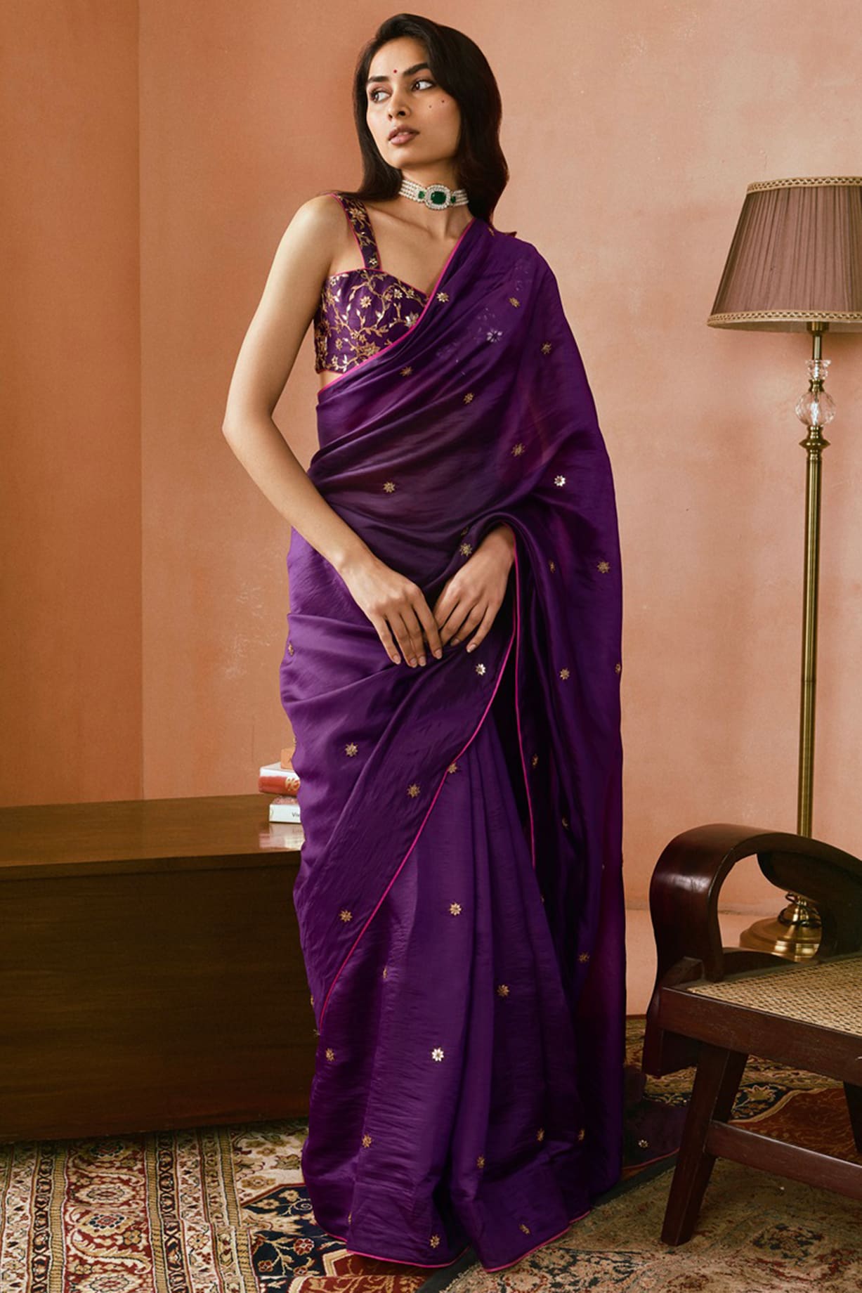 Baigani Silk Organza Embroidered Saree Set by Punit Balana at Pernia's ...