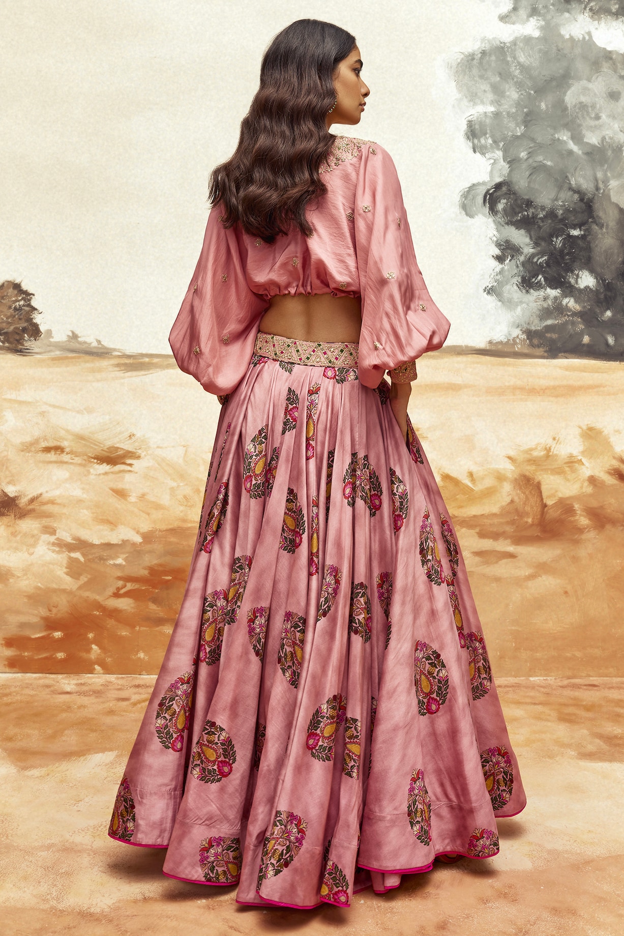 Dusky Pink Chanderi Silk Printed Wedding Lehenga Set by Punit Balana at ...