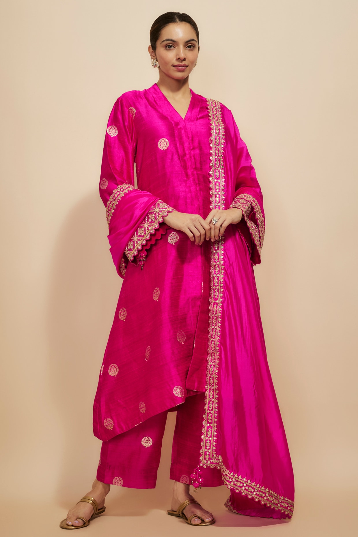 Moonga Raw Silk Marodi Work & Printed Kurta Set by Punit Balana at ...