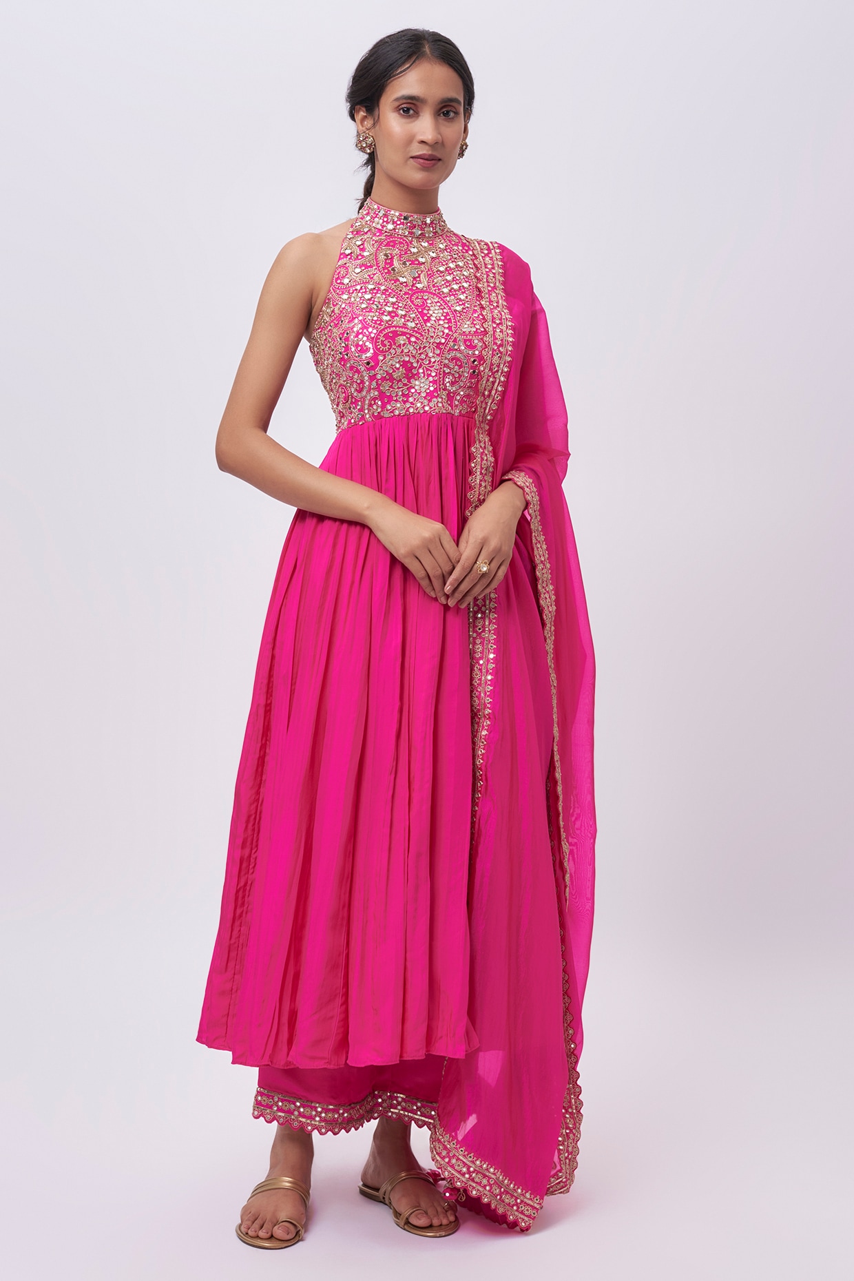 Rani Pink Silk & Silk Organza Mirror Work Anarkali Set by Punit Balana ...