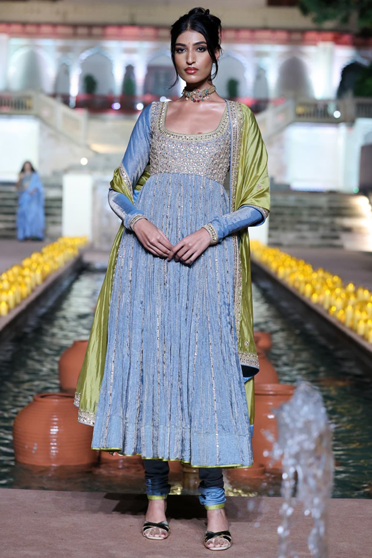 Saleti Grey Tissue Silk Marodi Embroidered Bridal Anarkali Set by Punit ...