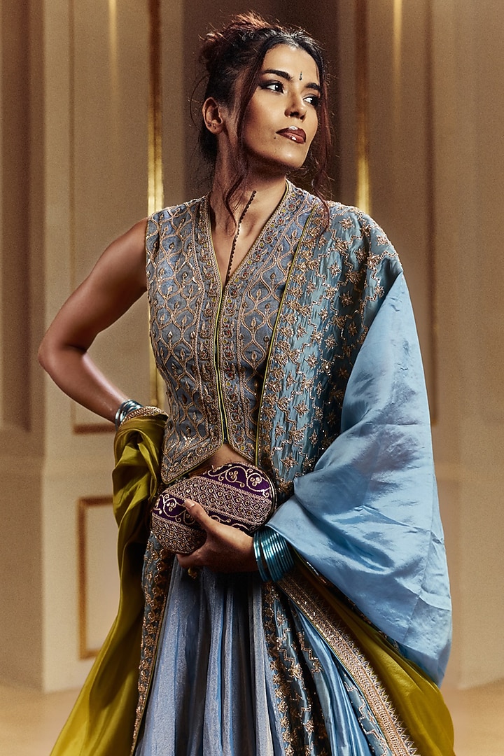 Saleti Grey Tissue Silk Marodi Embroidered Bridal Lehenga Set by Punit ...