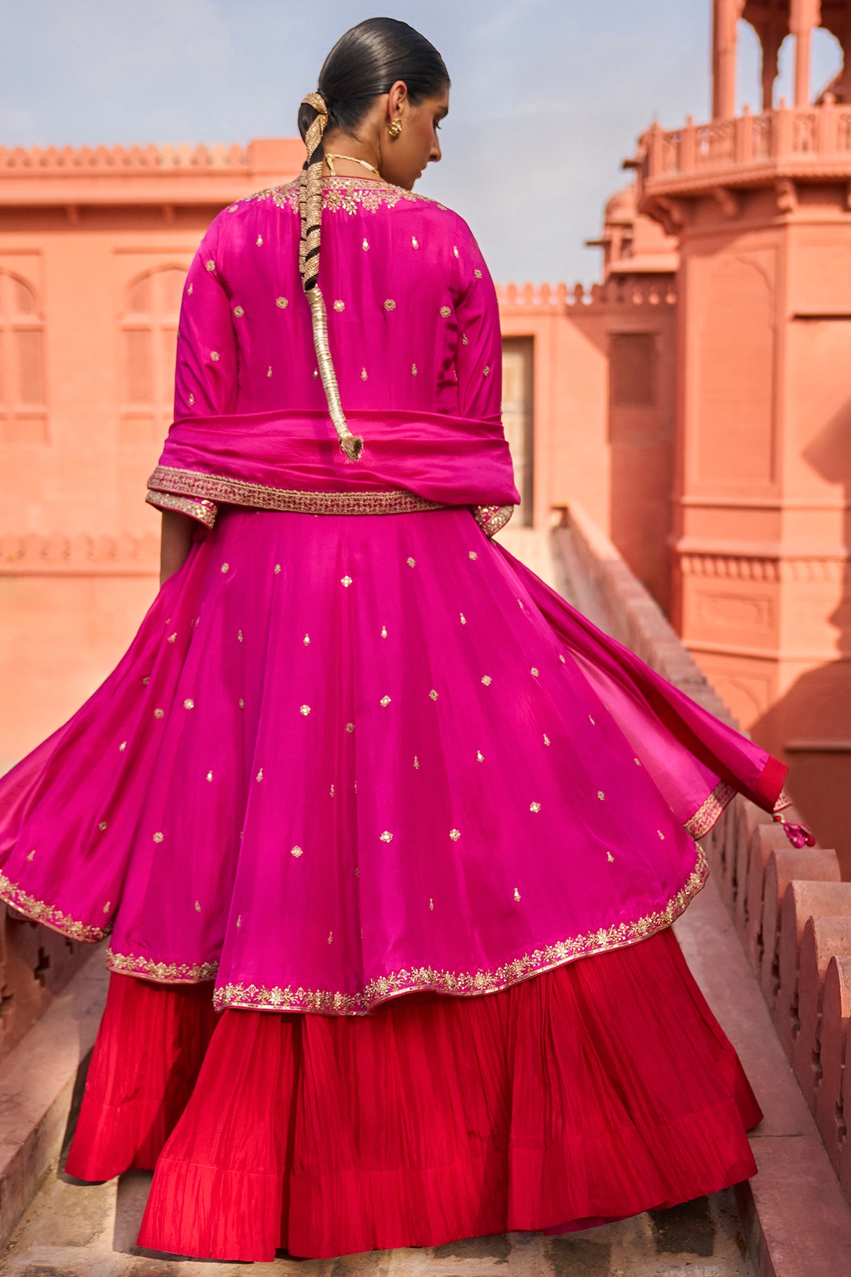 Red & Rani Pink Silk Marodi Embroidered Jacket Anarkali Set by Punit ...