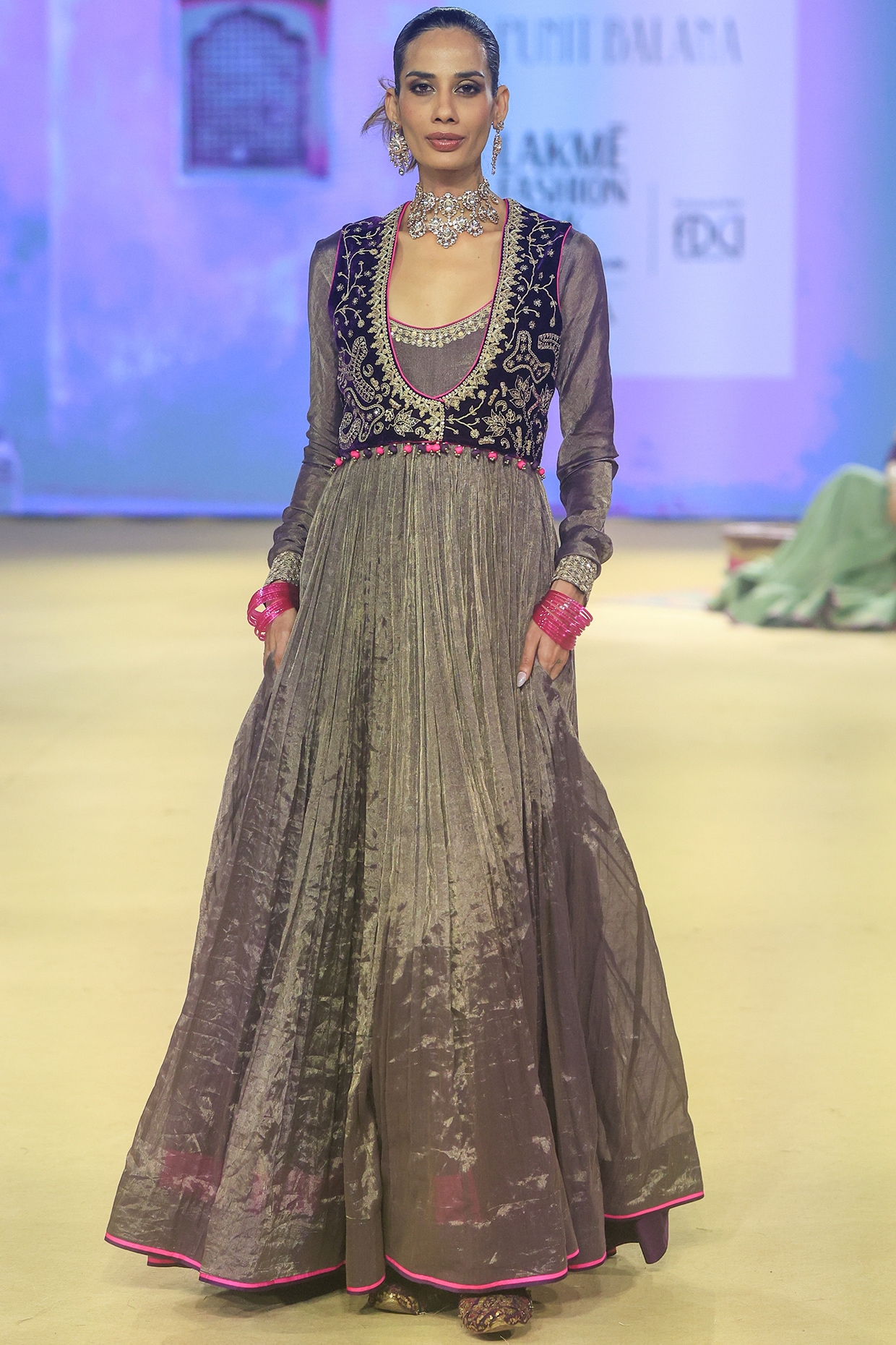 Baigani Metallic Tissue Marodi Work Anarkali Set by Punit Balana at ...
