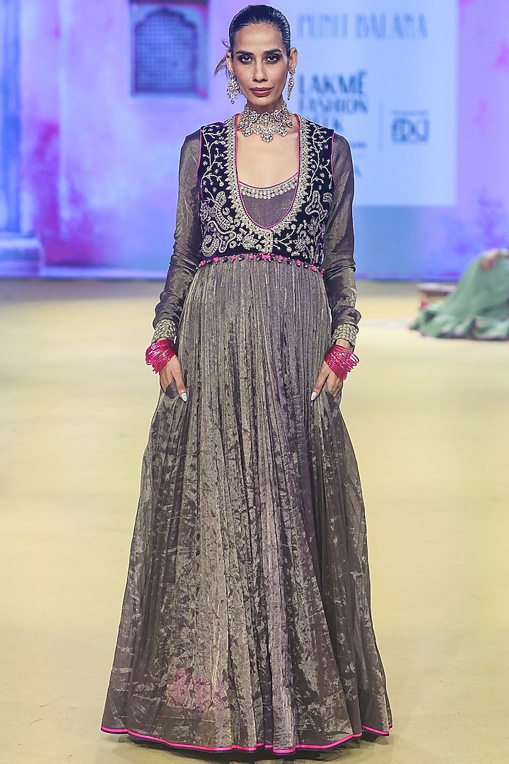 Baigani Metallic Tissue Marodi Work Anarkali Set by Punit Balana at ...