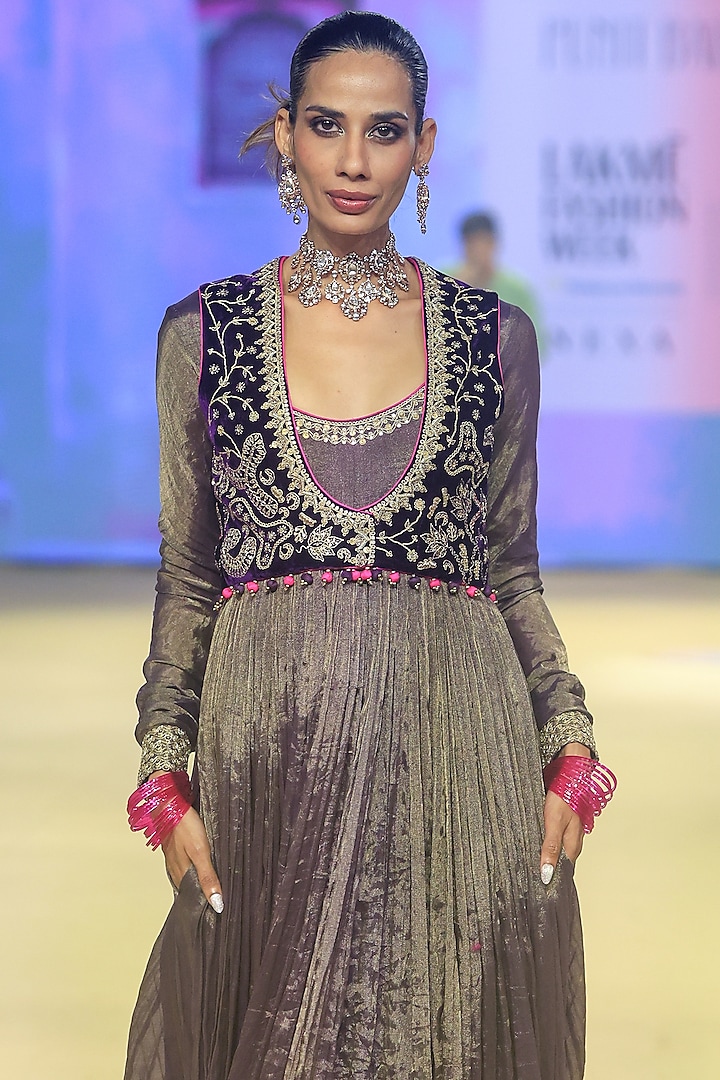 Baigani Metallic Tissue Marodi Work Anarkali Set by Punit Balana at ...