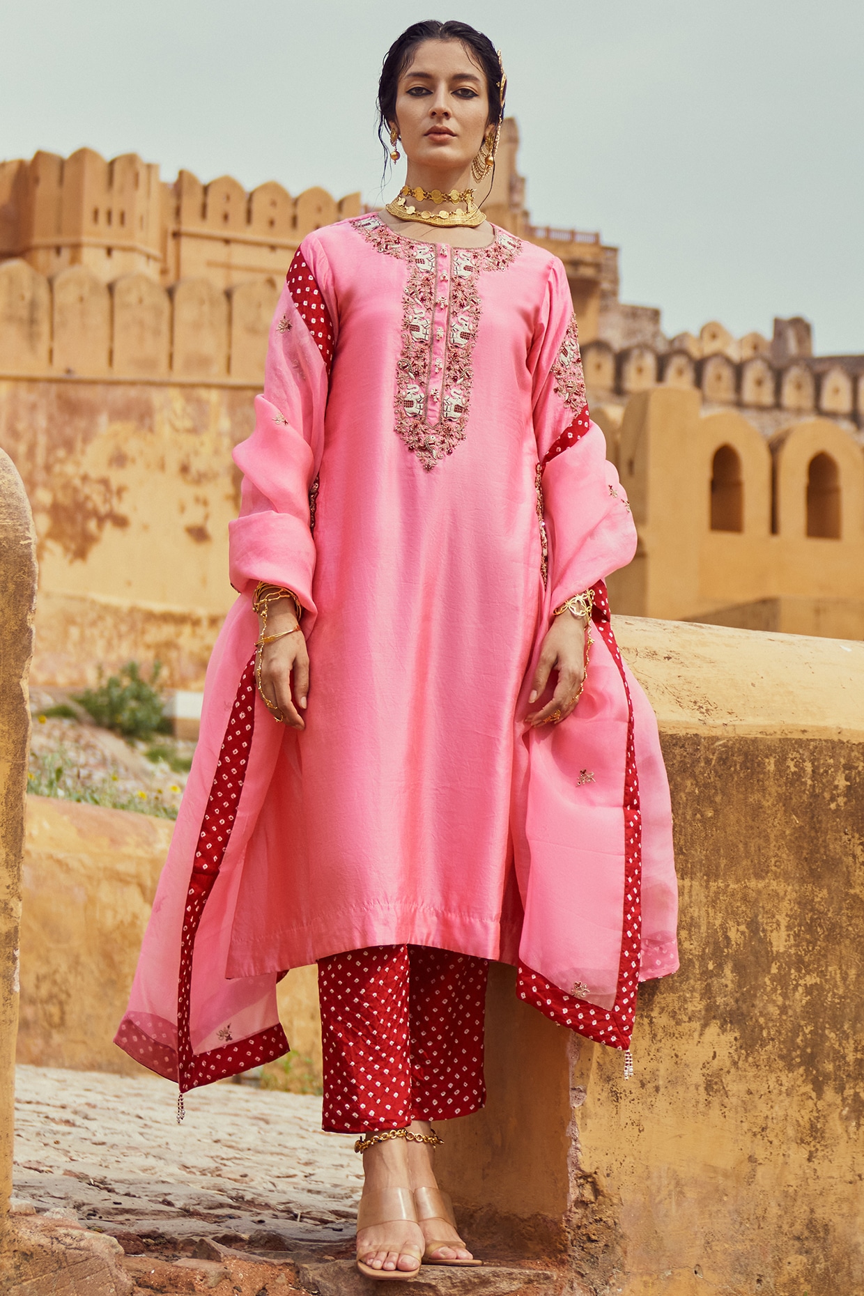 Peach Silk Bandhani Resham Embroidered Kurta Set by Pink City By Sarika ...