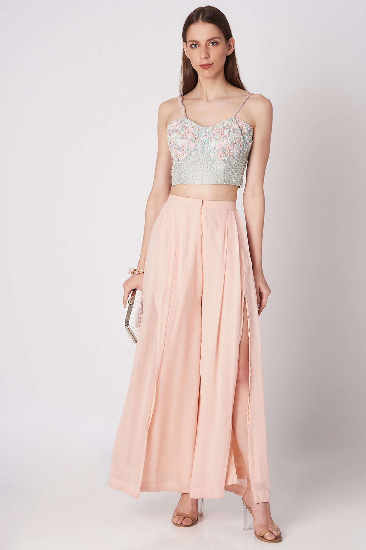 Powder Blue Embroidered Crop Top With Blush Pink Palazzo Pants by Priya ...
