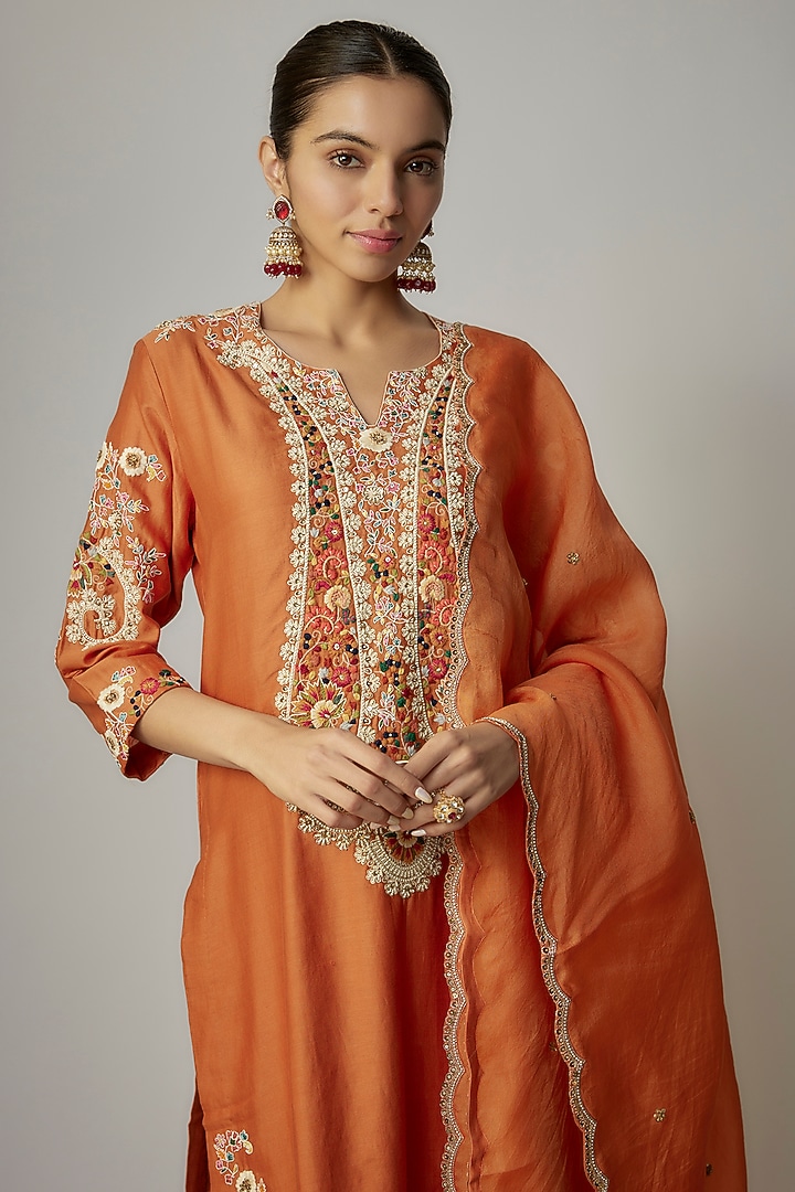 Orange Chanderi Dori Embroidered Kurta Set Design by Petticoat Lane at ...