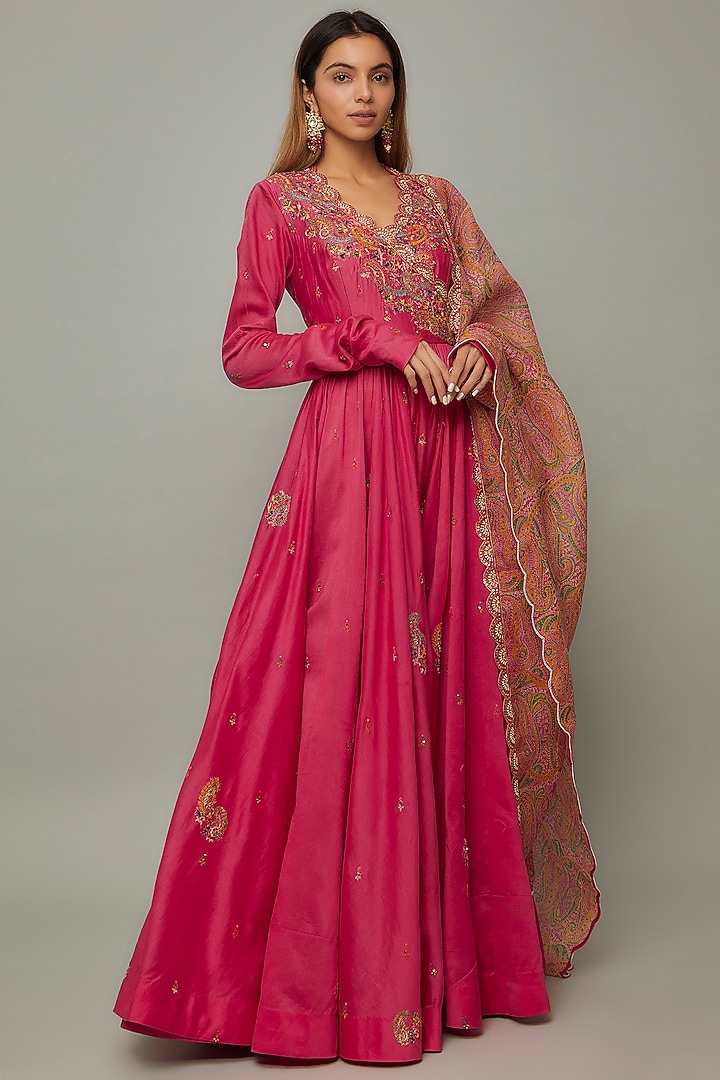 Pink Chanderi Embroidered Angrakha Anarkali Set by Petticoat Lane at ...