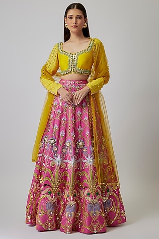 Pink Sequins Printed & Crystal Embellished Bridal Lehenga Set by Papa ...