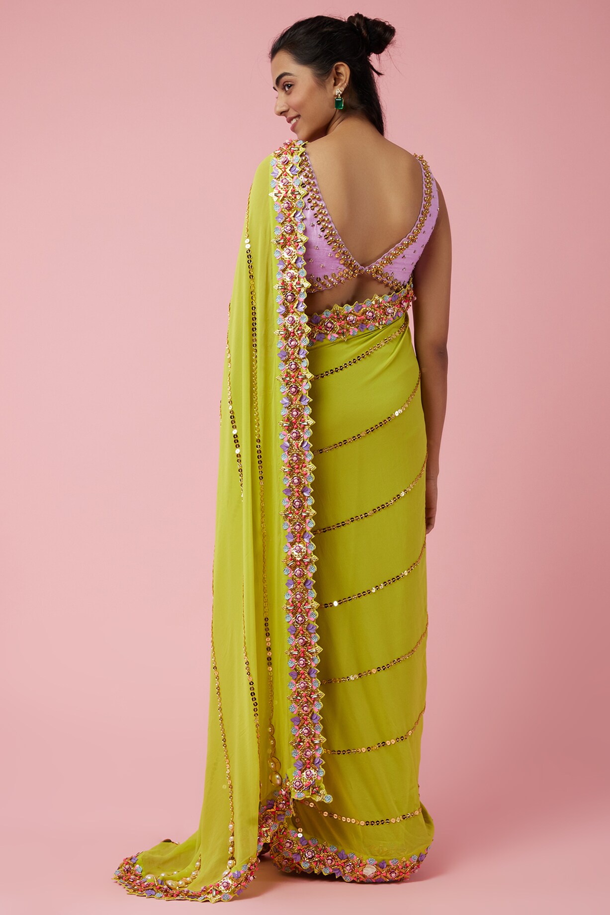 Dull Lime Green Georgette Pearl & Crystal Embroidered Saree Set by Papa ...