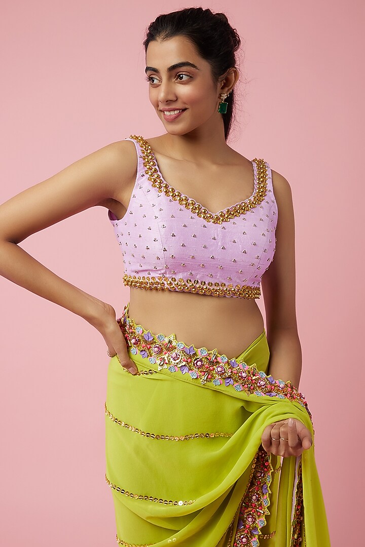 Dull Lime Green Georgette Pearl & Crystal Embroidered Saree Set by Papa ...