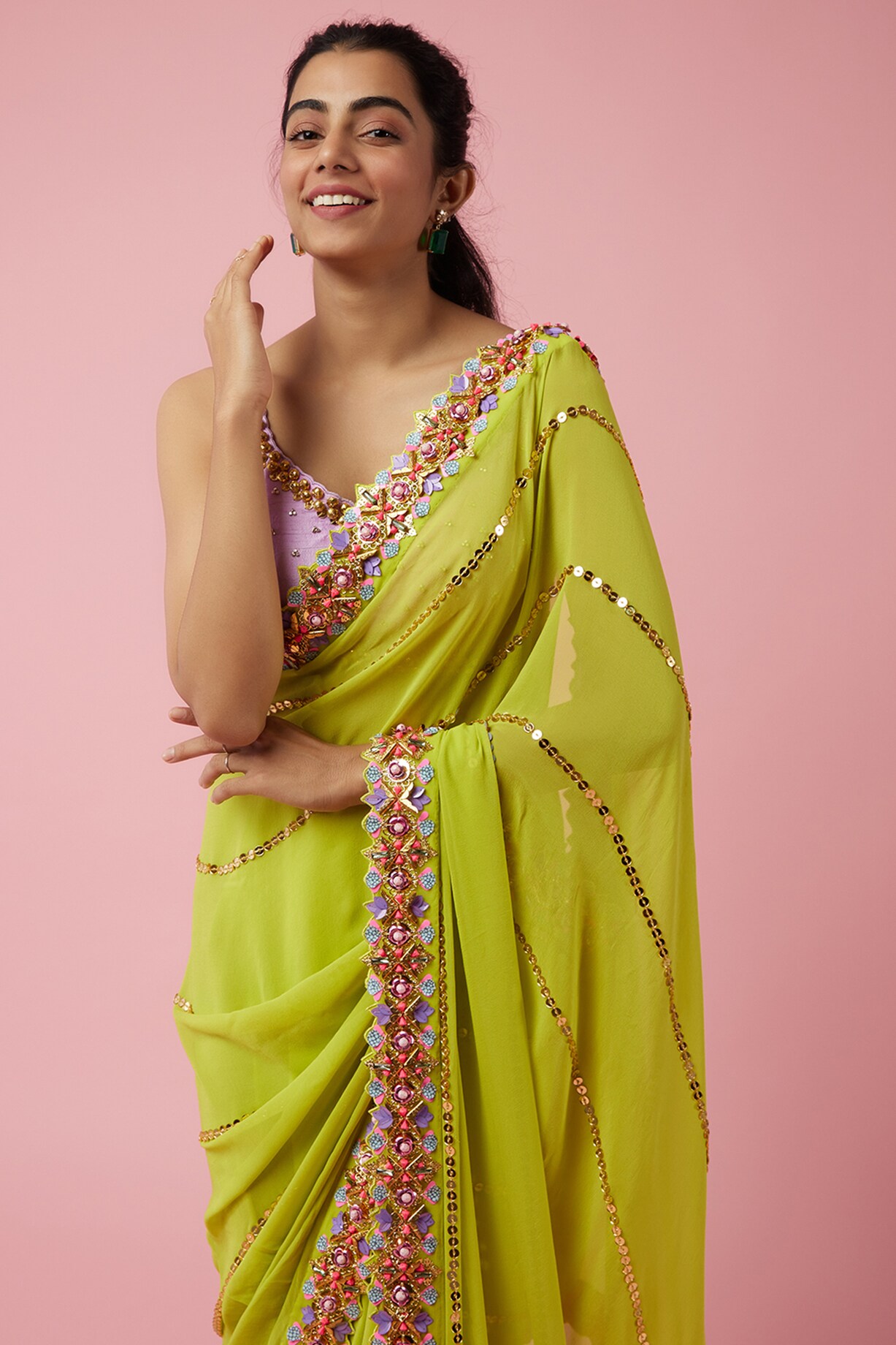 Dull Lime Green Georgette Pearl & Crystal Embroidered Saree Set by Papa ...