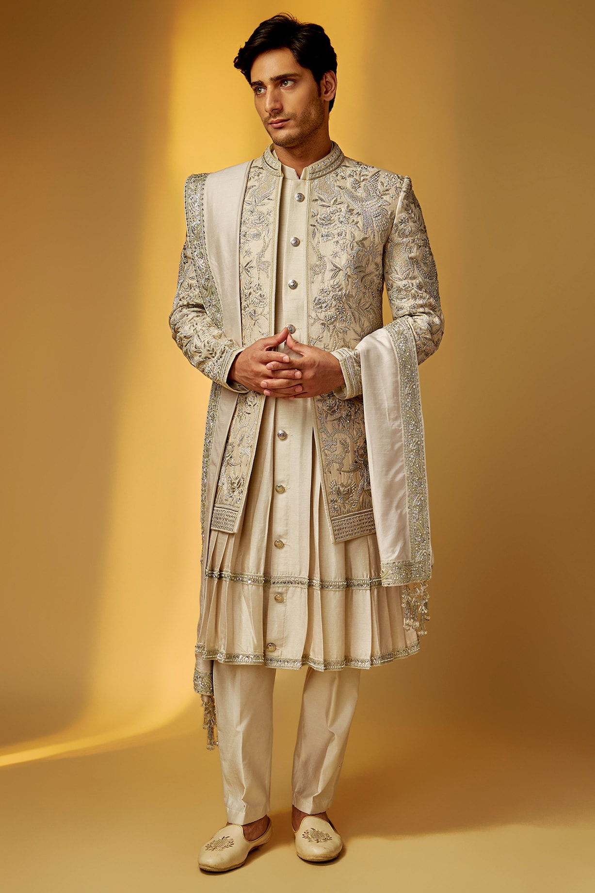 Ash Grey Raw Silk Zardosi Embroidered Groom Sherwani Set by PARV DESIGN ...