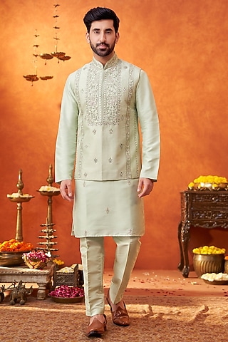 Pistachio Green Raw Silk Resham Embroidered Bundi Jacket Set by PARV DESIGN STUDIO at Pernia's ...