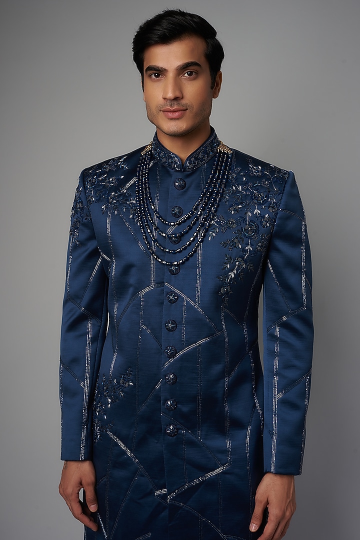 Buy PARV DESIGN STUDIO Blue Matte Satin Embroidered Sherwani Set at ...