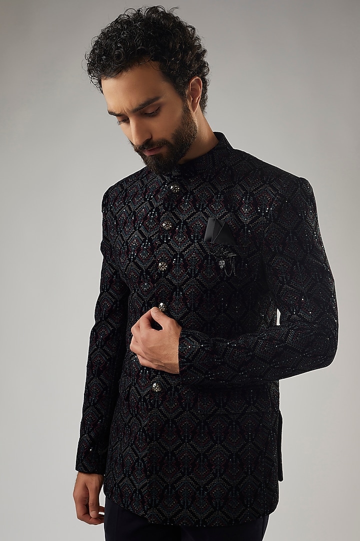 Dark Navy Blue Velvet Embroidered Jodhpuri Set by PARV DESIGN STUDIO at ...