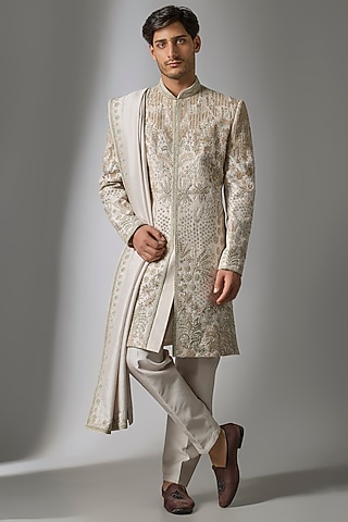 Ash Grey Mulberry Silk Resham Embroidered Wedding Sherwani Set by PARV ...
