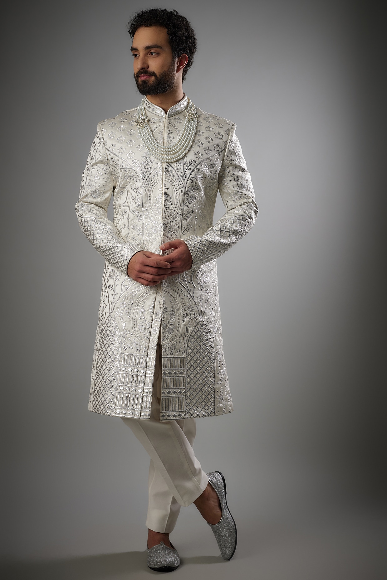 Ivory Matte Satin Patch Work Groom Sherwani Set by PARV DESIGN STUDIO ...