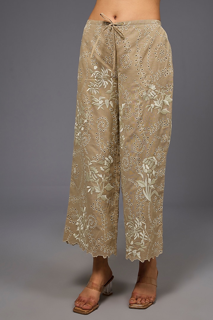 Natural Ecru Handloom Cotton Thread Embroidered Pant by Peachoo at ...