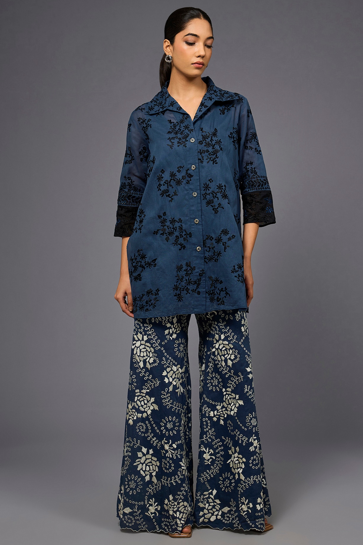 Space Blue & Black Handloom Cotton Thread Embroidered Shirt by Peachoo ...