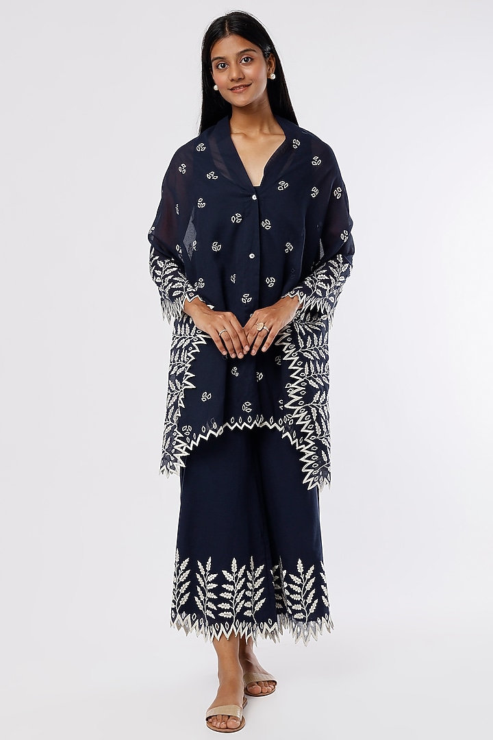 Cobalt Blue Embroidered Cape Set by Peachoo at Pernia's Pop Up Shop 2024